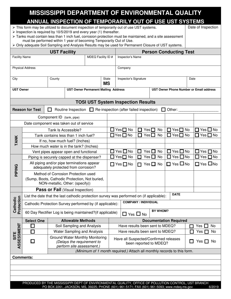Mississippi Annual Inspection of Temporarily out of Use Ust Systems ...