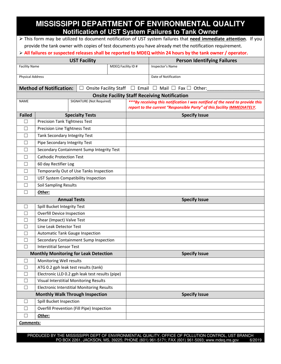 Mississippi Notification of Ust System Failures to Tank Owner - Fill ...