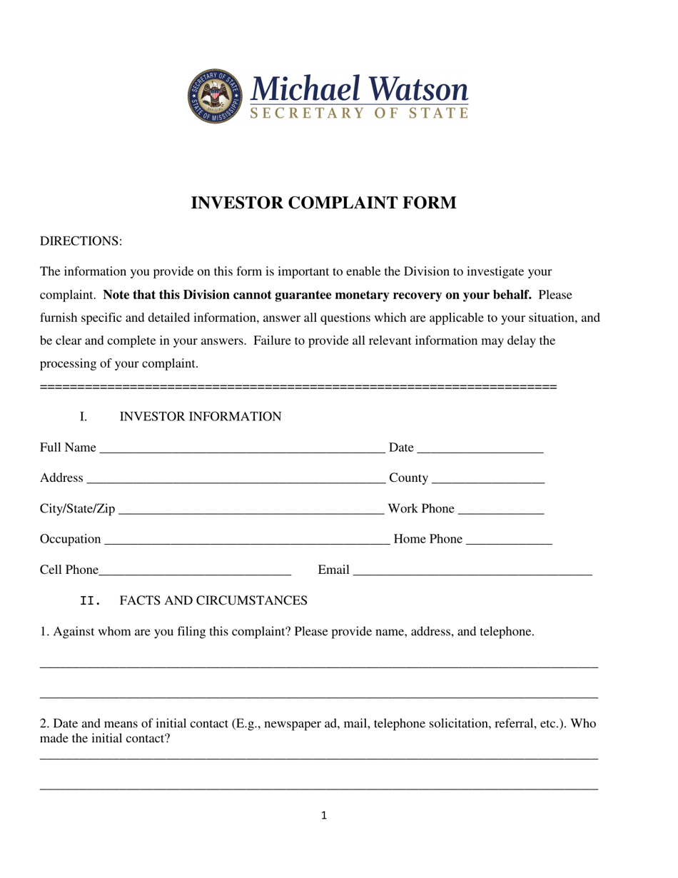 Mississippi Investor Complaint Form - Fill Out, Sign Online and ...
