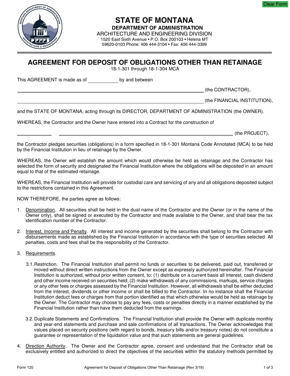 Form 120 Download Fillable PDF or Fill Online Agreement for Deposit of ...