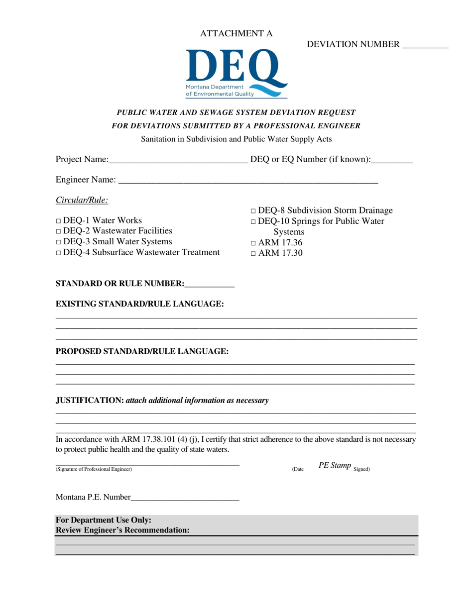 Montana Public Water and Sewage System Deviation Request for Deviations ...