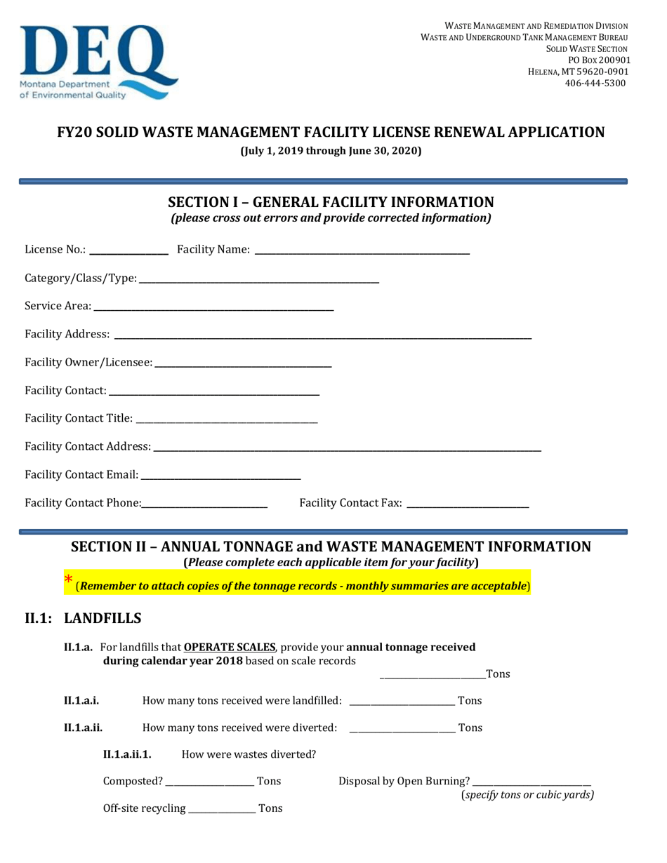 2020 Montana Solid Waste Management Facility License Renewal ...