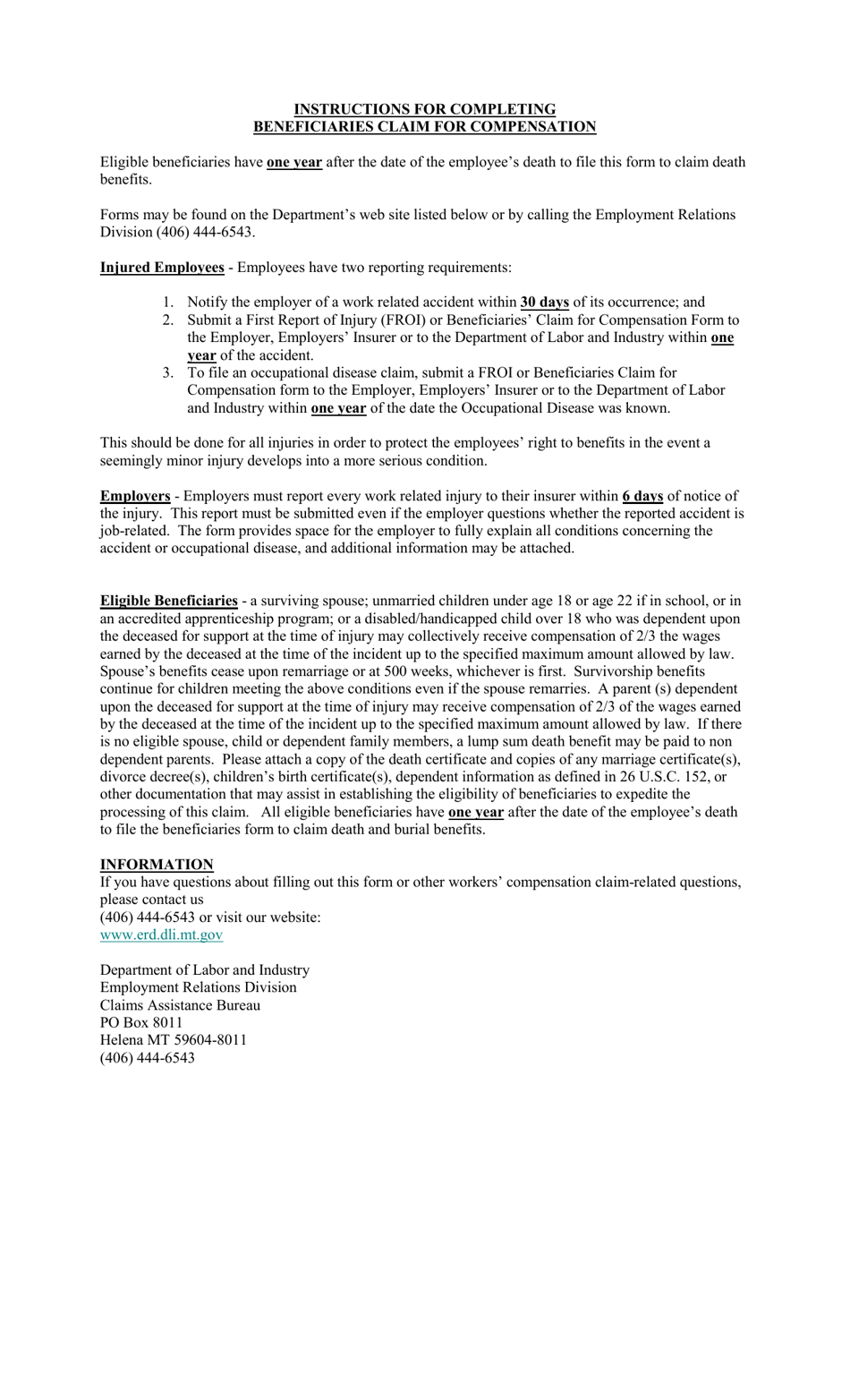 Montana Beneficiaries' Claim for Compensation - Fill Out, Sign Online and Download PDF ...