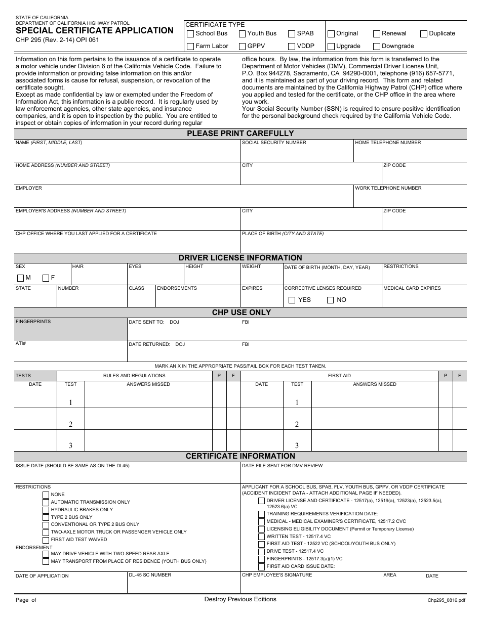 Form CHP295 - Fill Out, Sign Online and Download Fillable PDF ...