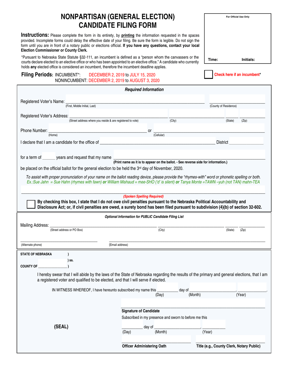 2020 Nebraska Nonpartisan (General Election) Candidate Filing Form ...