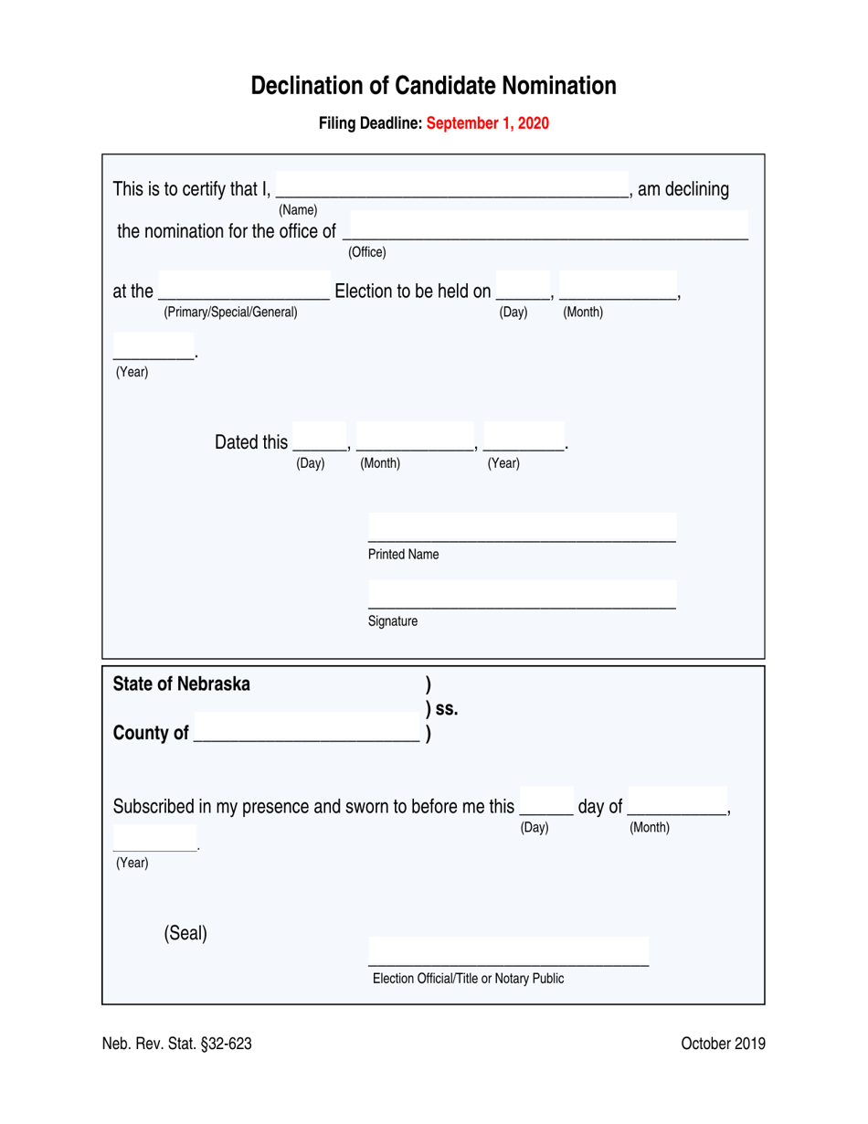 Nebraska Declination of Candidate Nomination - Fill Out, Sign Online ...