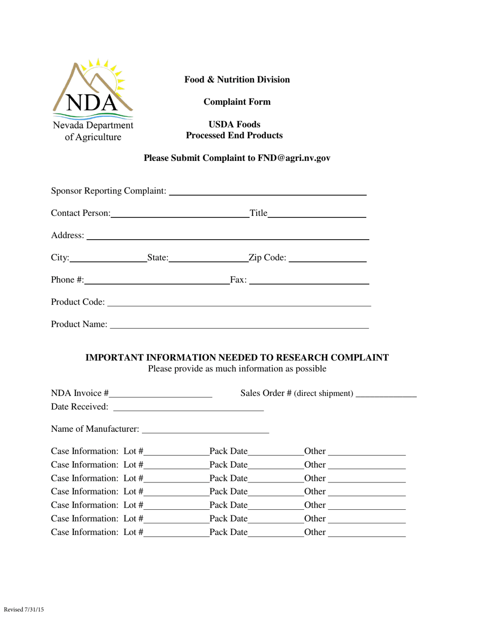 Nevada Usda Foods Complaint Form - Fill Out, Sign Online and Download ...