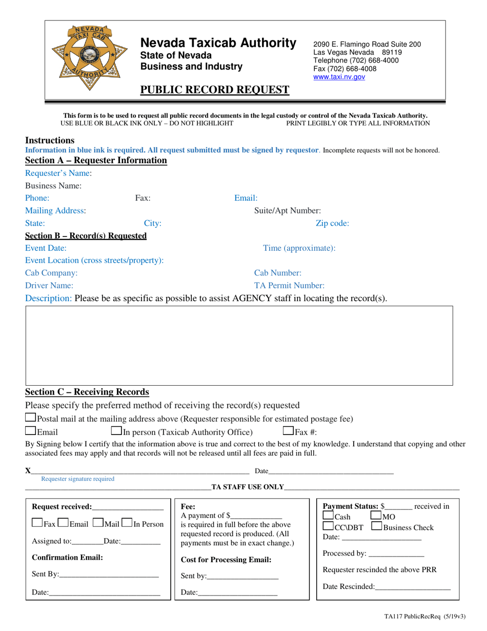 Form TA117 Download Fillable PDF or Fill Online Public Record Request ...