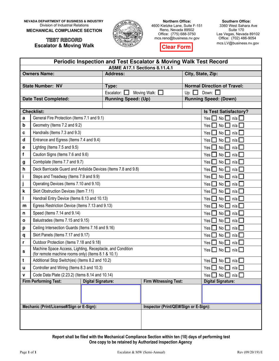 Nevada Periodic Inspection and Test Escalator & Moving Walk Test Record ...