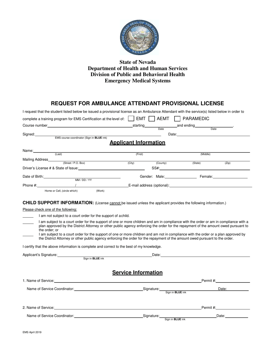 Nevada Request for Ambulance Attendant Provisional License - Fill Out ...