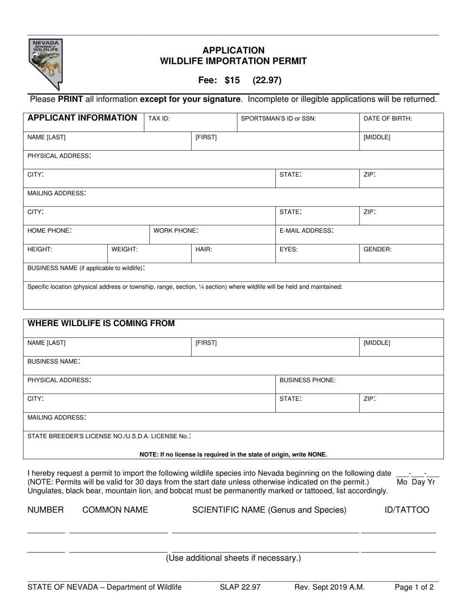 Nevada Wildlife Importation Permit Application - Fill Out, Sign Online ...