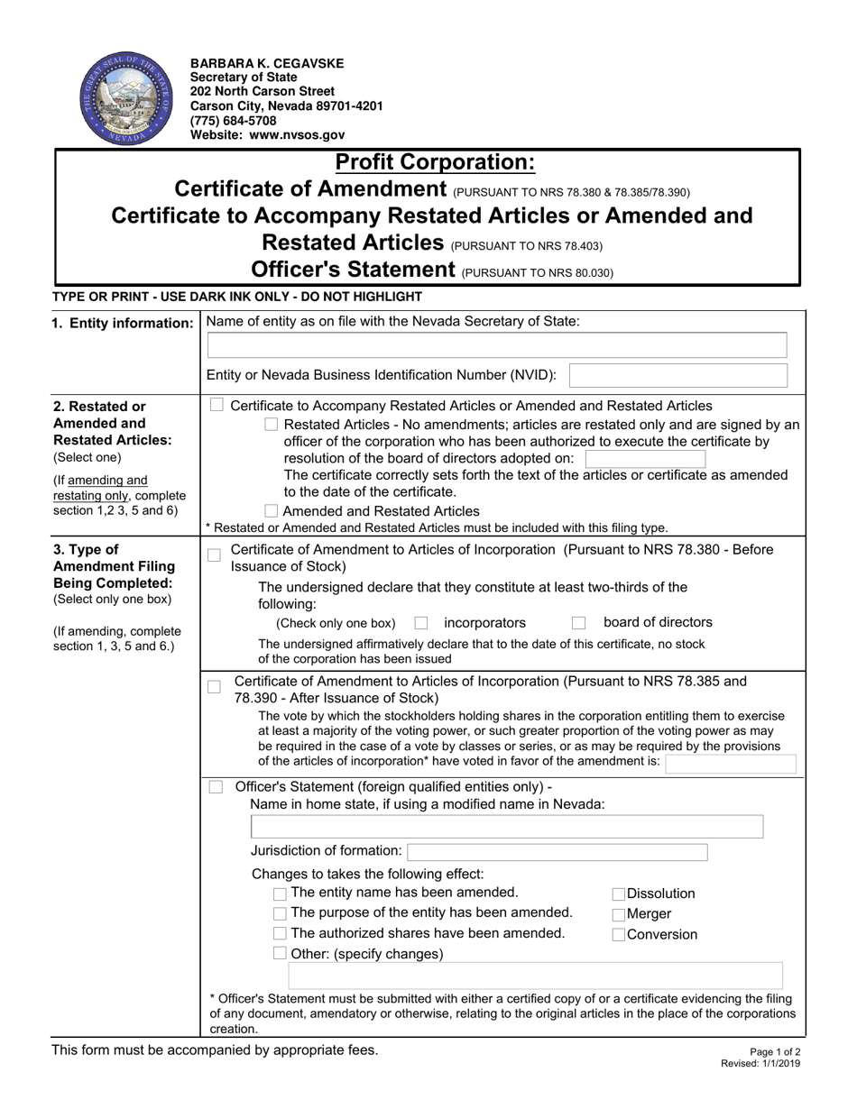 Nevada Profit Corporation: Certificate of Amendment/Certificate to ...
