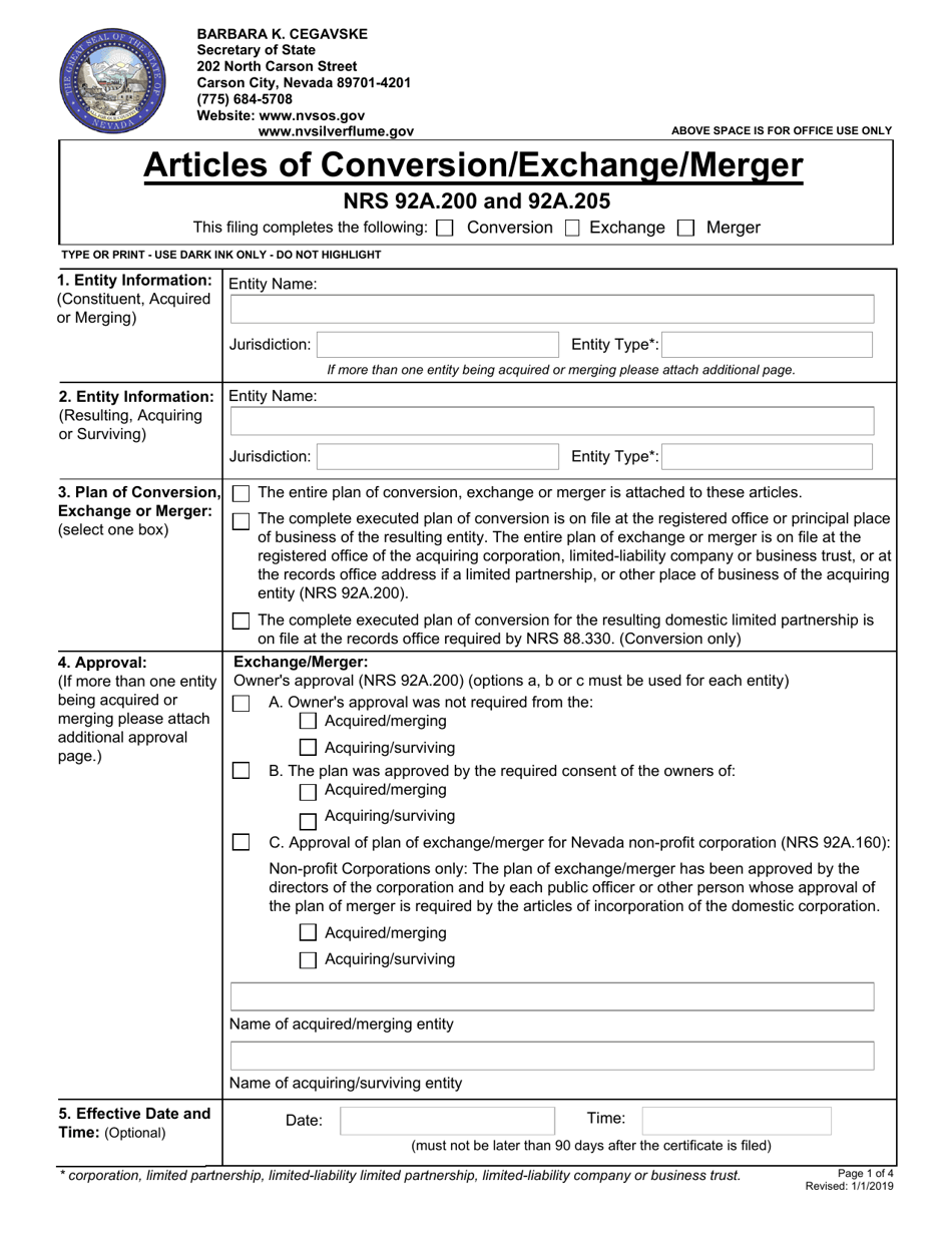 Nevada Articles of Conversion/Exchange/Merger - Fill Out, Sign Online ...