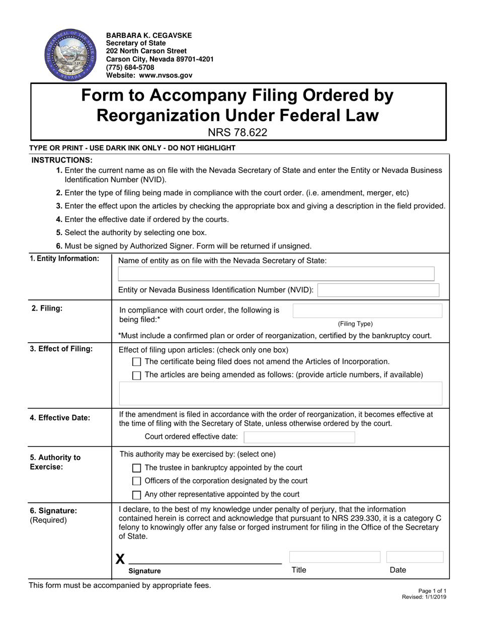 Nevada Form to Accompany Filing Ordered by Reorganization Under Federal ...