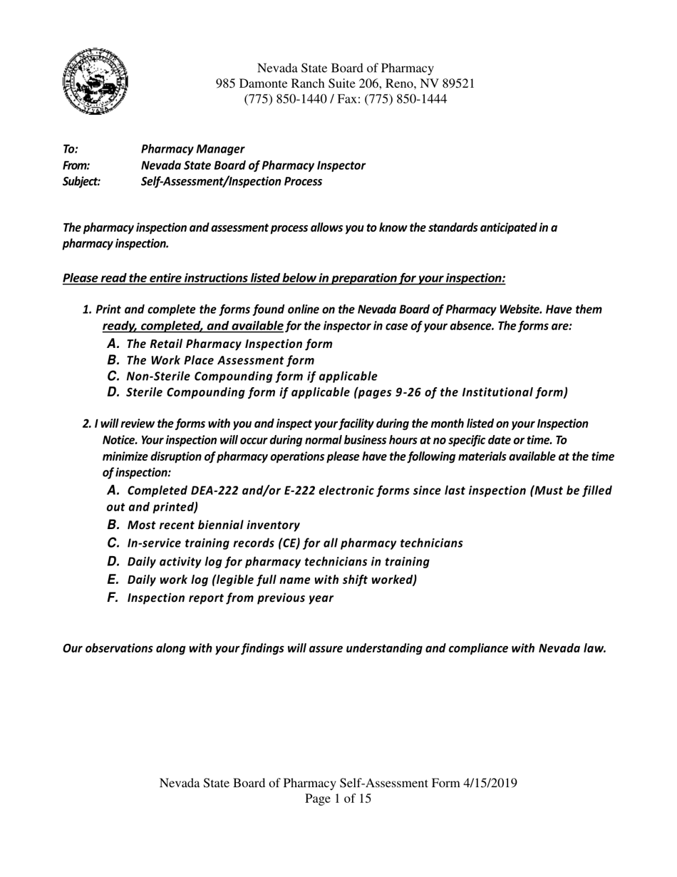 Nevada Retail Pharmacy Inspection Form Download Printable PDF ...