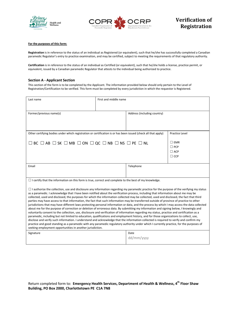 Prince Edward Island Canada Verification of Registration - Fill Out ...