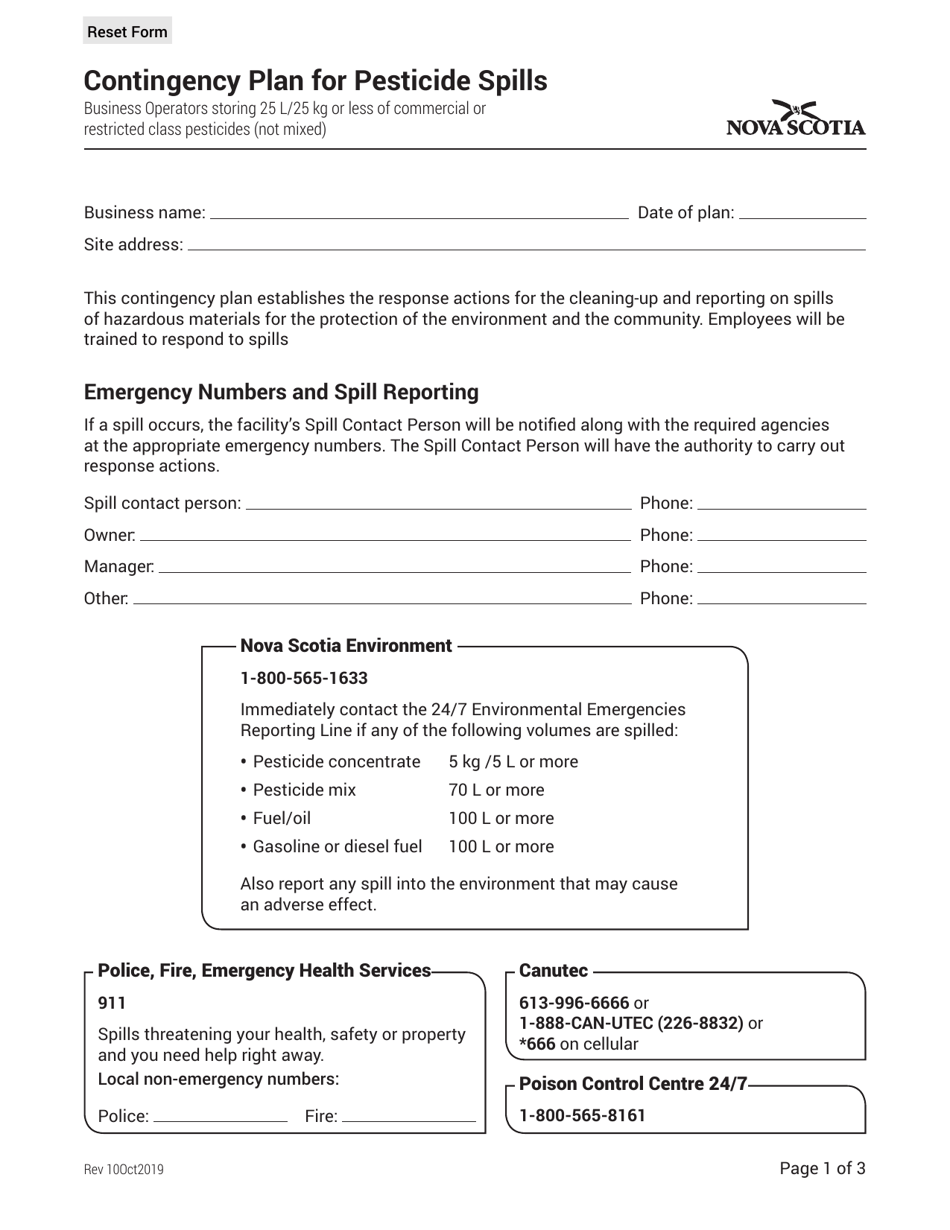 Nova Scotia Canada Contingency Plan Template for Pesticide Spills for ...