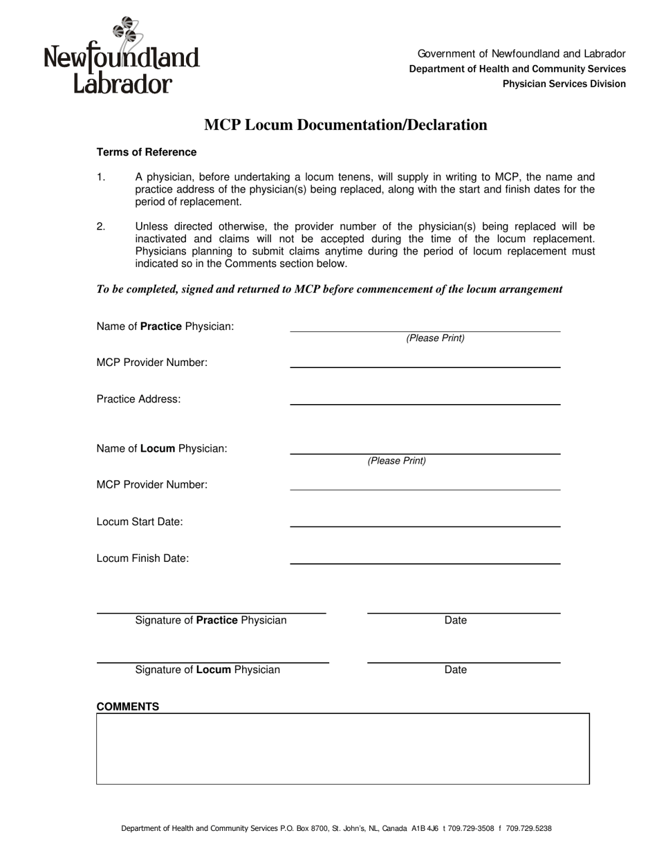 Newfoundland and Labrador Canada Mcp Locum Documentation/Declaration ...