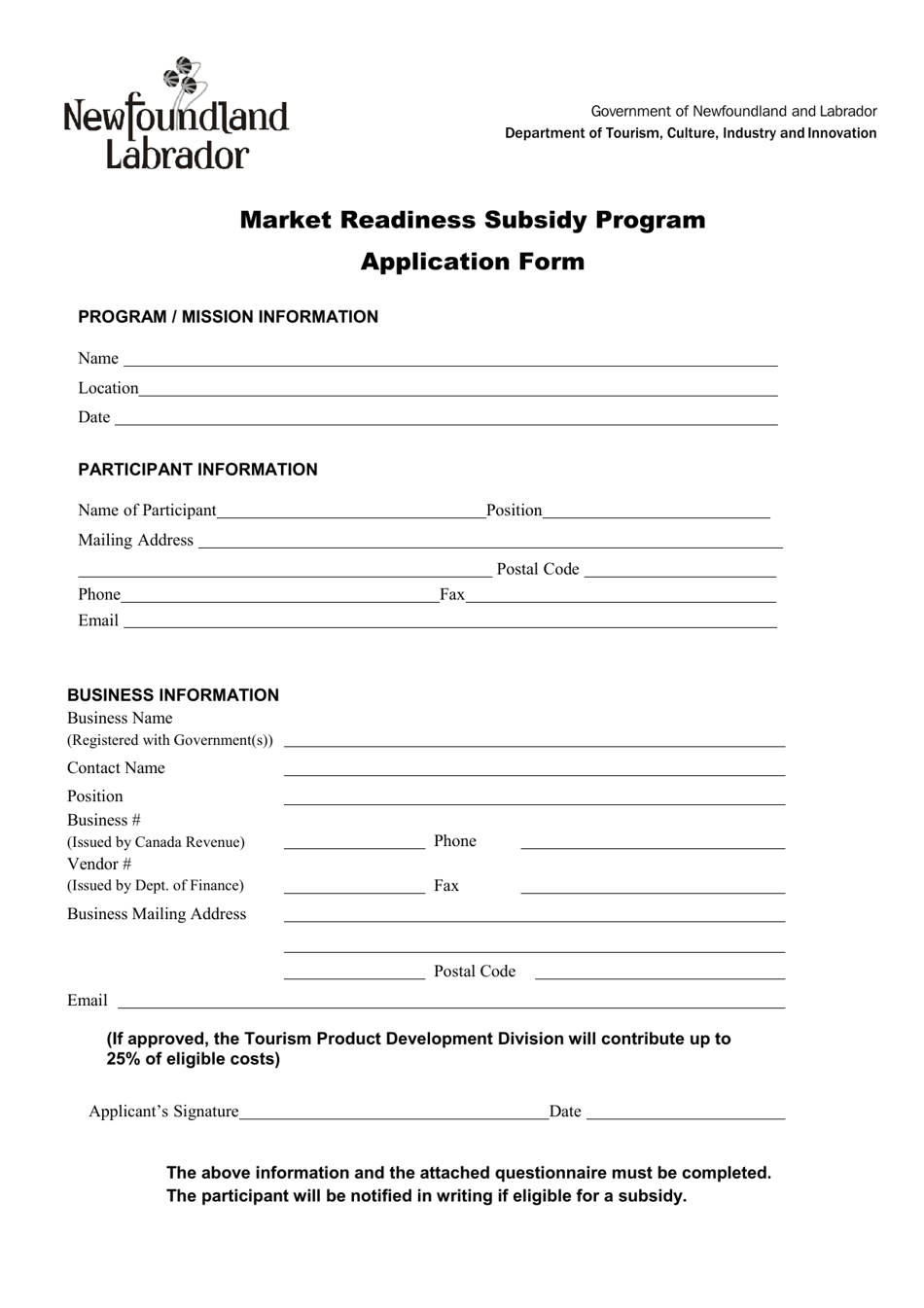 Newfoundland and Labrador Canada Market Readiness Subsidy Program ...