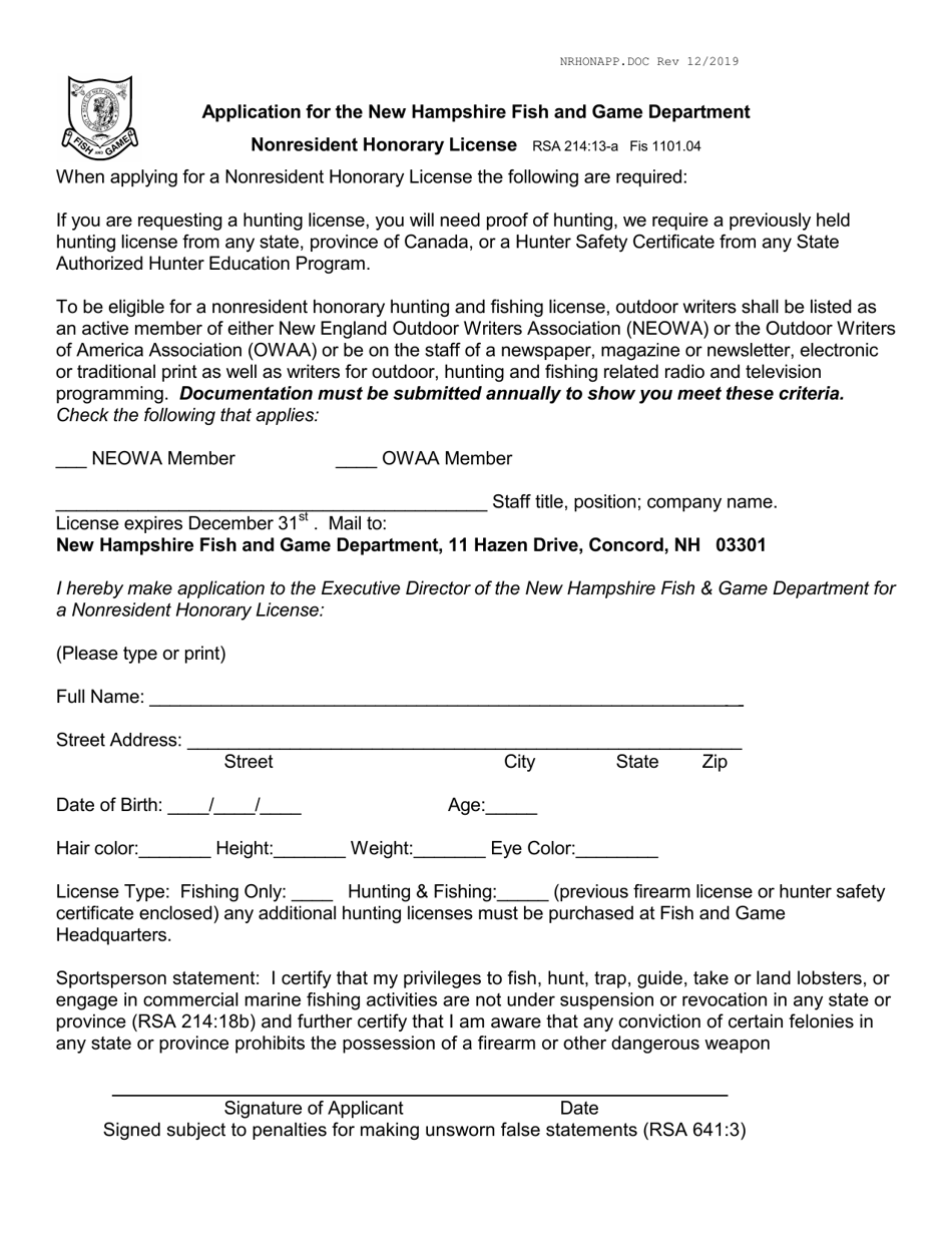New Hampshire Application for the New Hampshire Fish and Game Department Nonresident Honorary ...