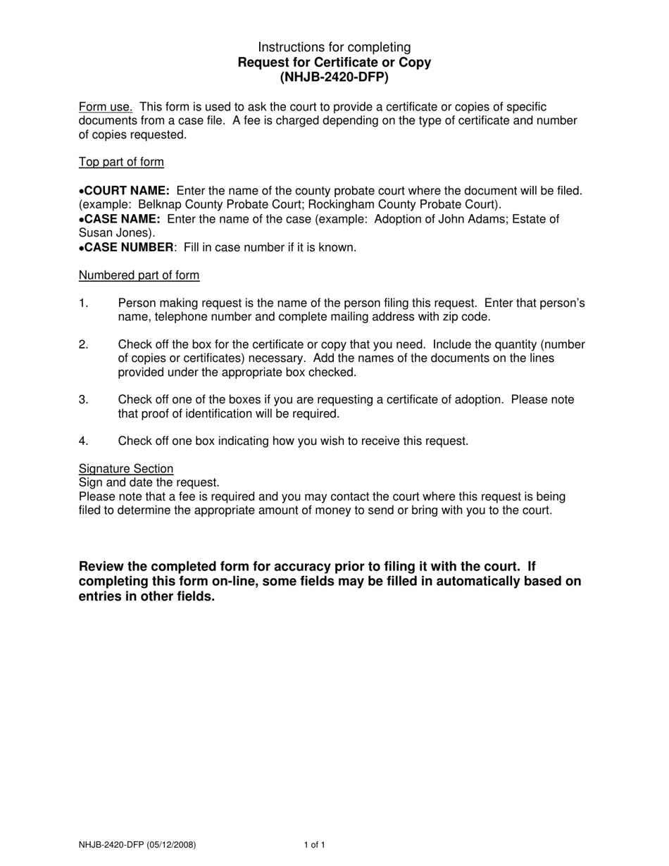 Download Instructions for Form NHJB-2420-DFP Request for Certificate or ...
