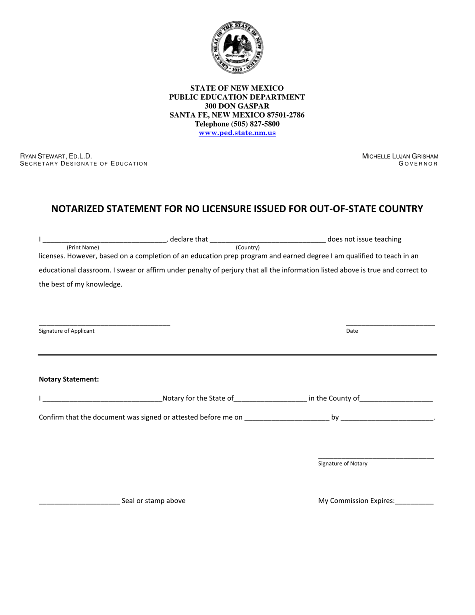 New Mexico Notarized Statement for No Licensure Issued for Out-of-State ...