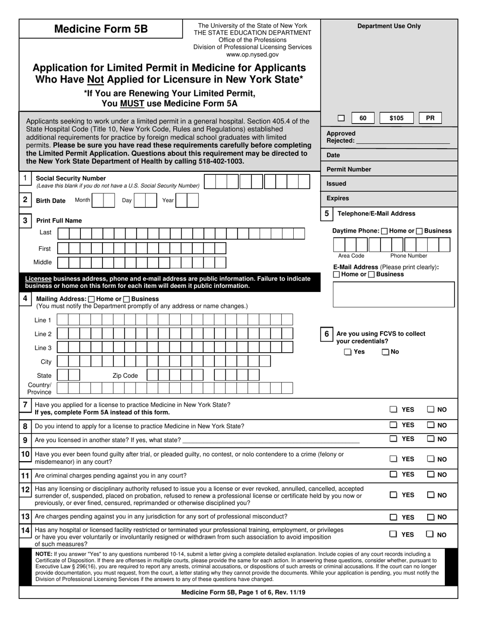 Medicine Form 5B Download Printable PDF or Fill Online Application for Limited Permit in ...