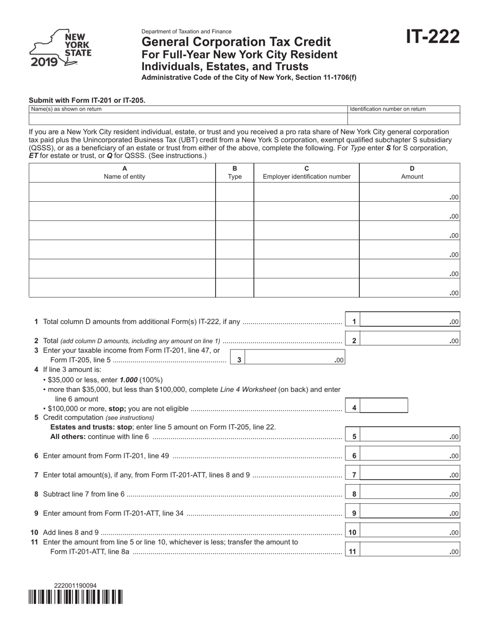 Form IT-222 - 2019 - Fill Out, Sign Online and Download Fillable PDF ...
