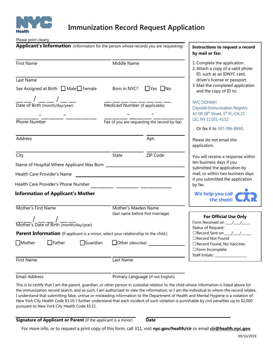 New York City Immunization Record Request Application Form Download ...