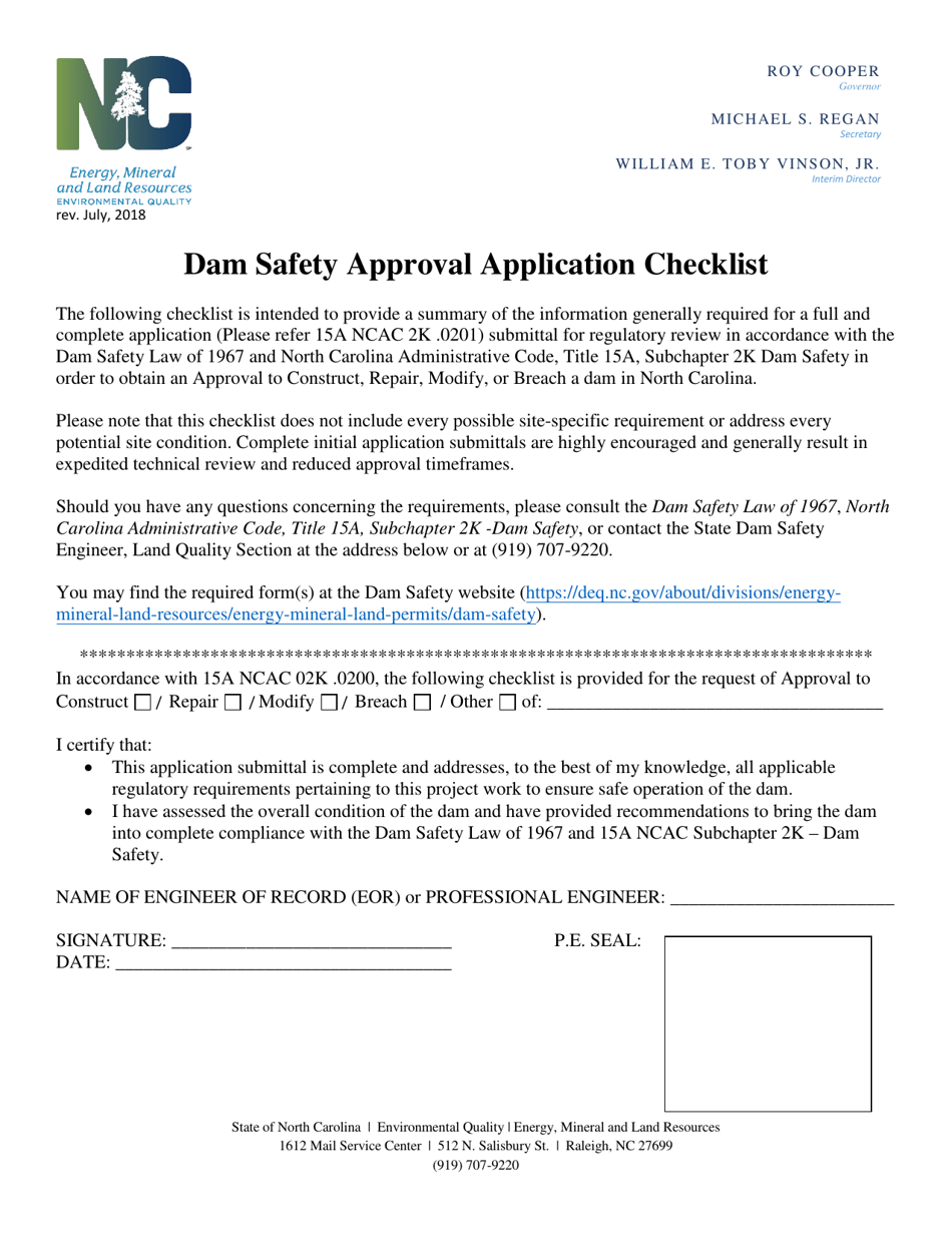 North Carolina Dam Safety Approval Application Checklist - Fill Out ...