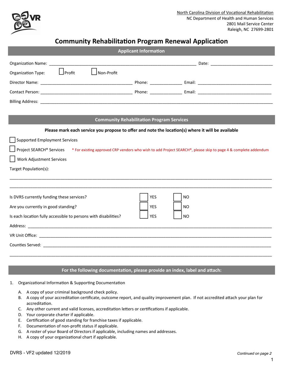 North Carolina Community Rehabilitation Program Renewal Application ...