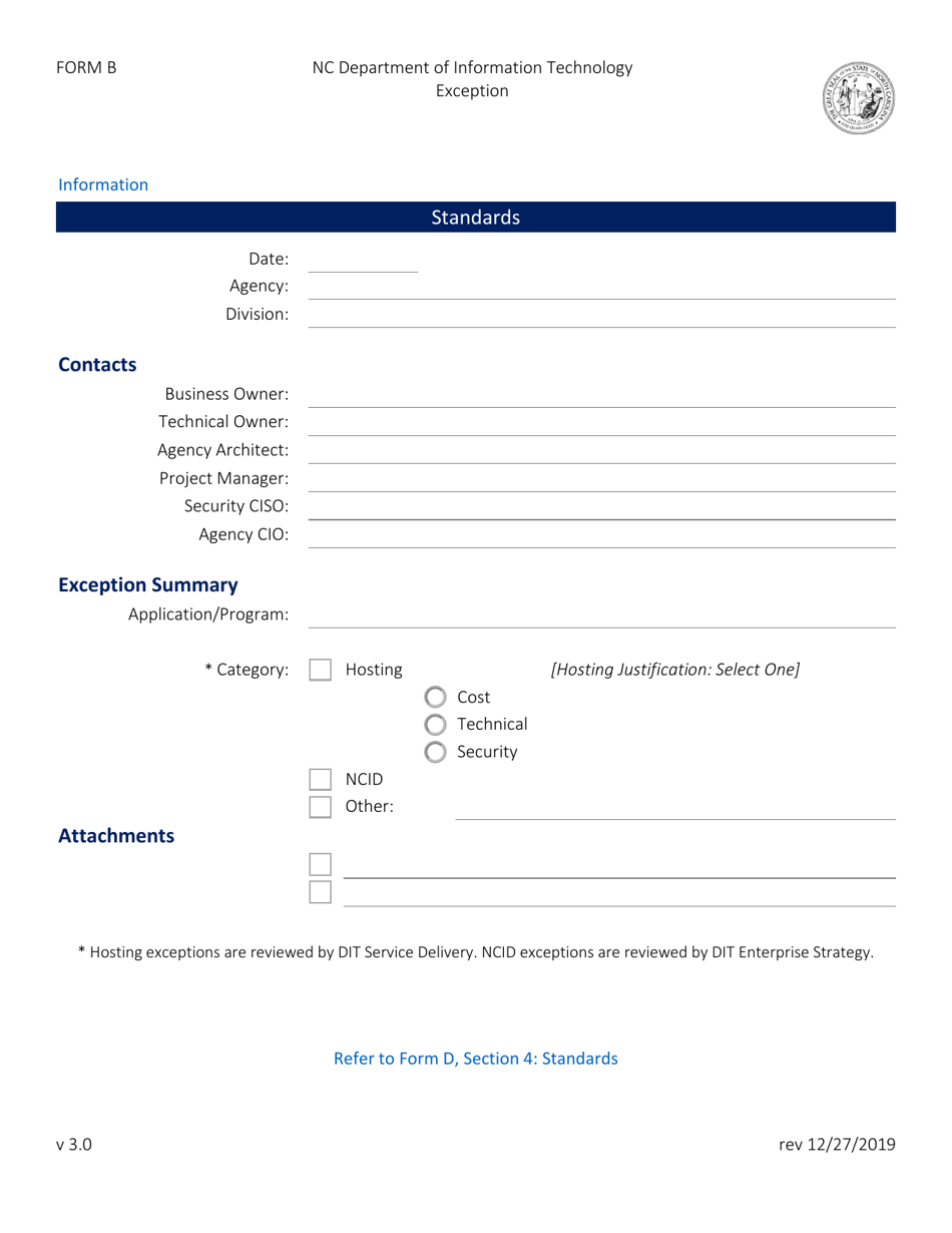 Form B Download Fillable PDF or Fill Online Exception Form - Standards ...
