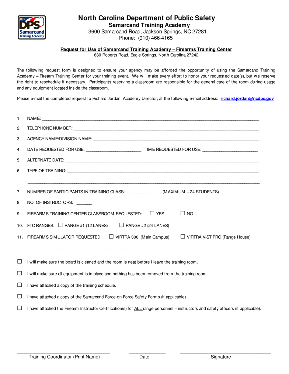 North Carolina Request for Use of Samarcand Training Academy " Firearms ...