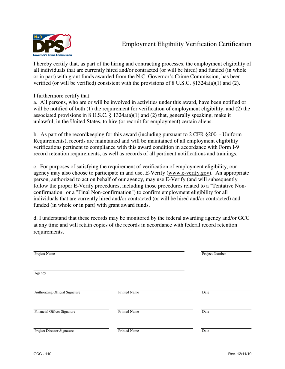 Form GCC-110 - Fill Out, Sign Online and Download Printable PDF, North ...