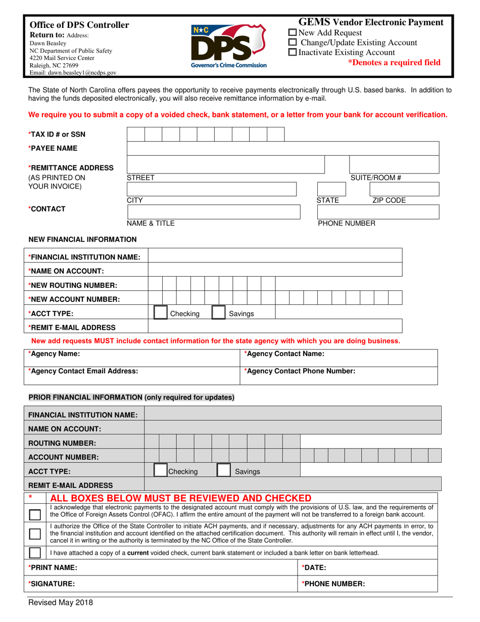 North Carolina Gems Vendor Electronic Payment Download Fillable PDF ...
