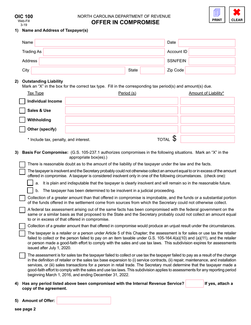 Form OIC100 - Fill Out, Sign Online and Download Fillable PDF, North ...