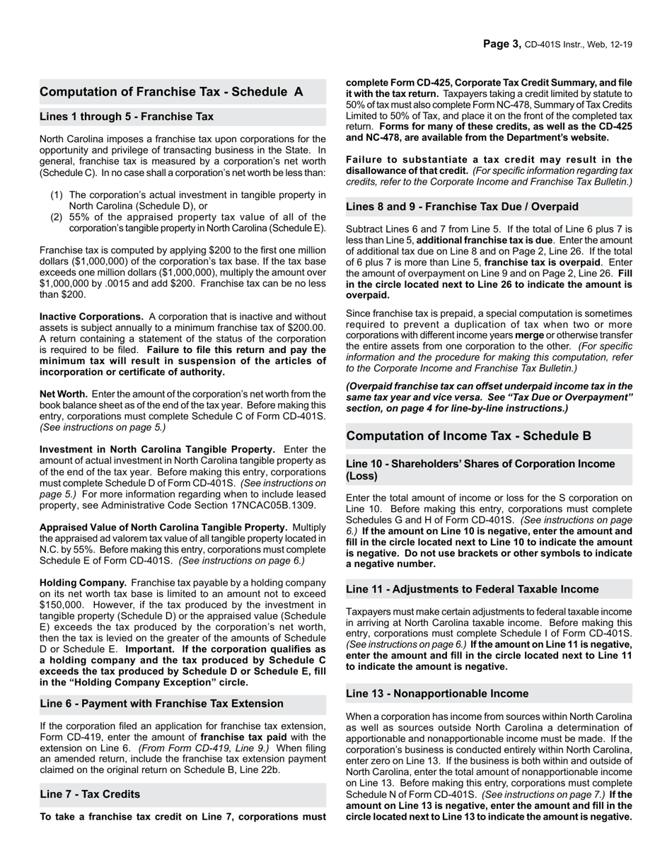 Download Instructions for Form CD-401S S-Corporation Tax Return PDF ...