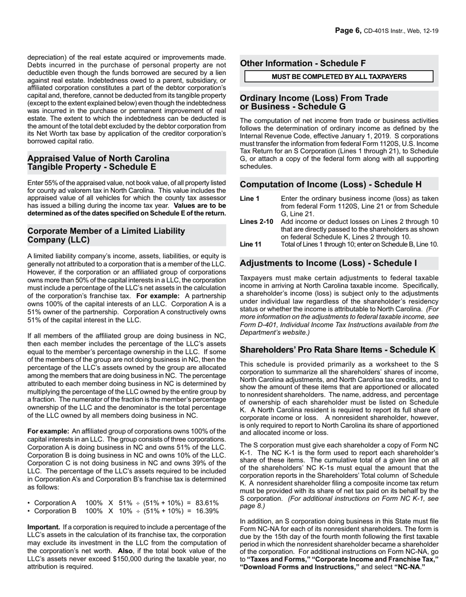 Download Instructions for Form CD-401S S-Corporation Tax Return PDF ...
