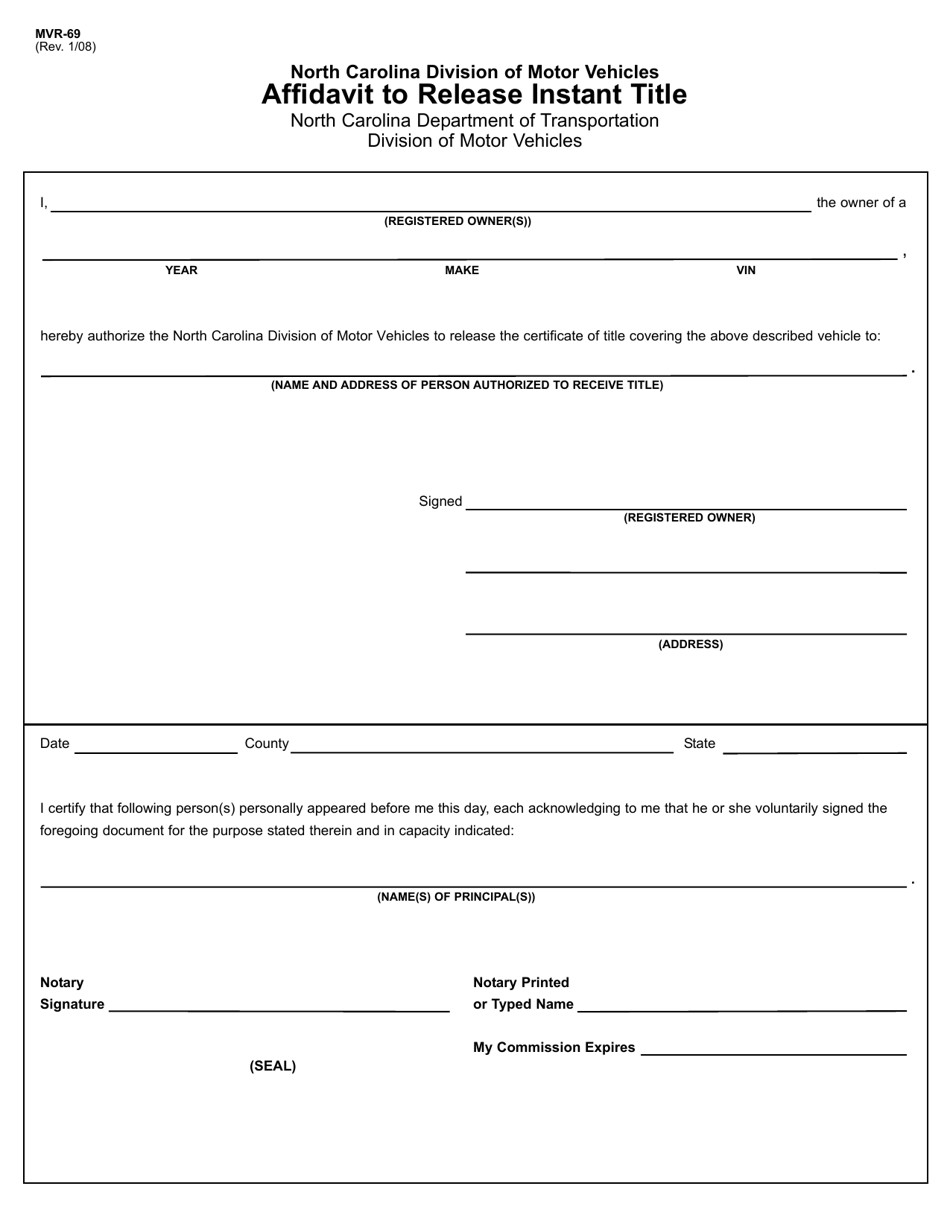 Form MVR-69 - Fill Out, Sign Online and Download Fillable PDF, North ...
