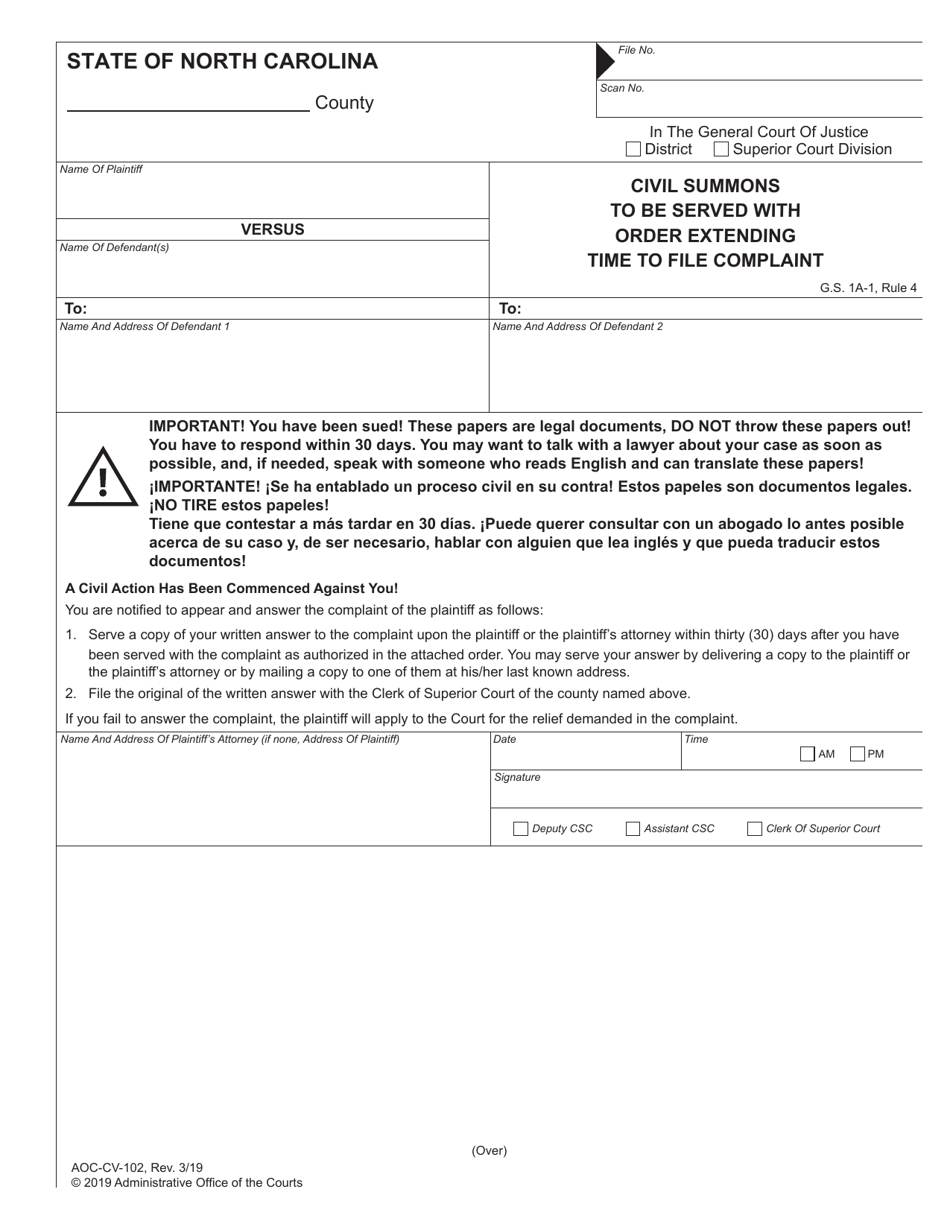 Form AOC-CV-102 - Fill Out, Sign Online and Download Fillable PDF ...