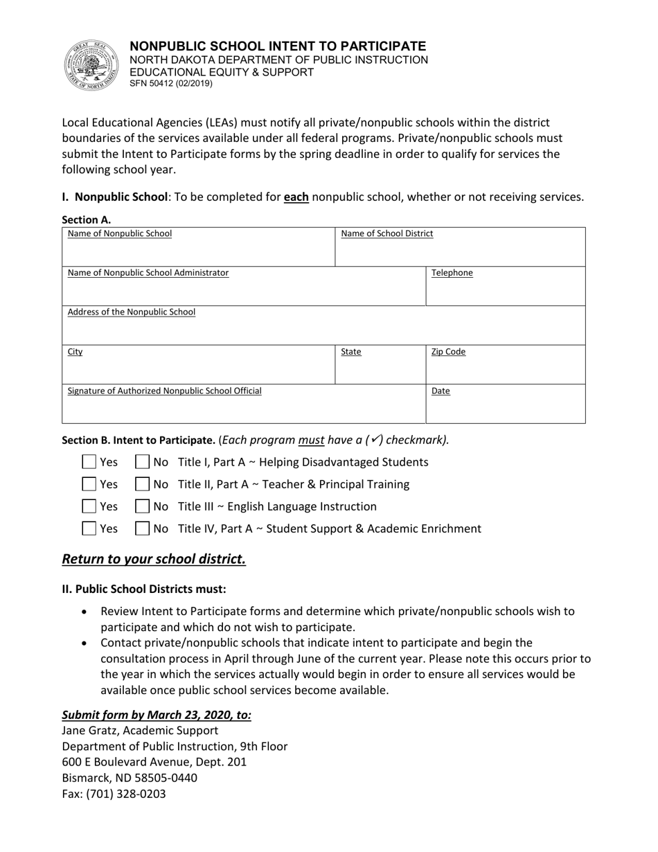 Form SFN50412 Download Printable PDF or Fill Online Nonpublic School Intent to Participate ...
