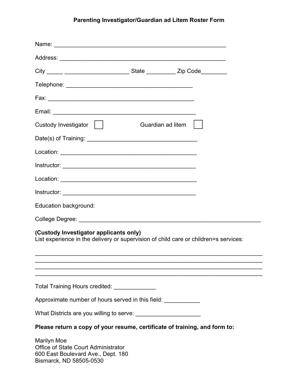 North Dakota Parenting Investigator/Guardian Ad Litem Roster Form ...
