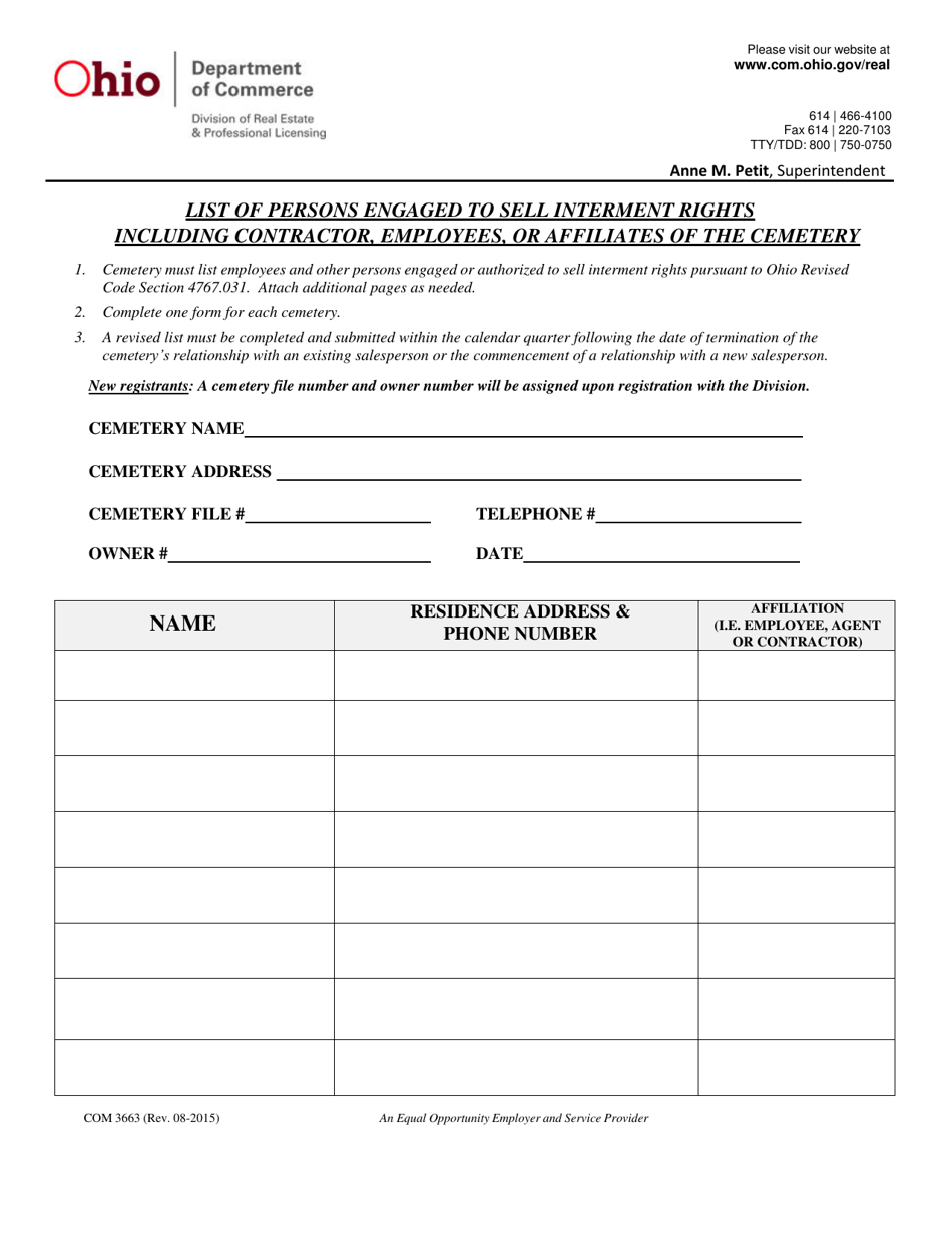 Form COM3663 - Fill Out, Sign Online and Download Fillable PDF, Ohio ...