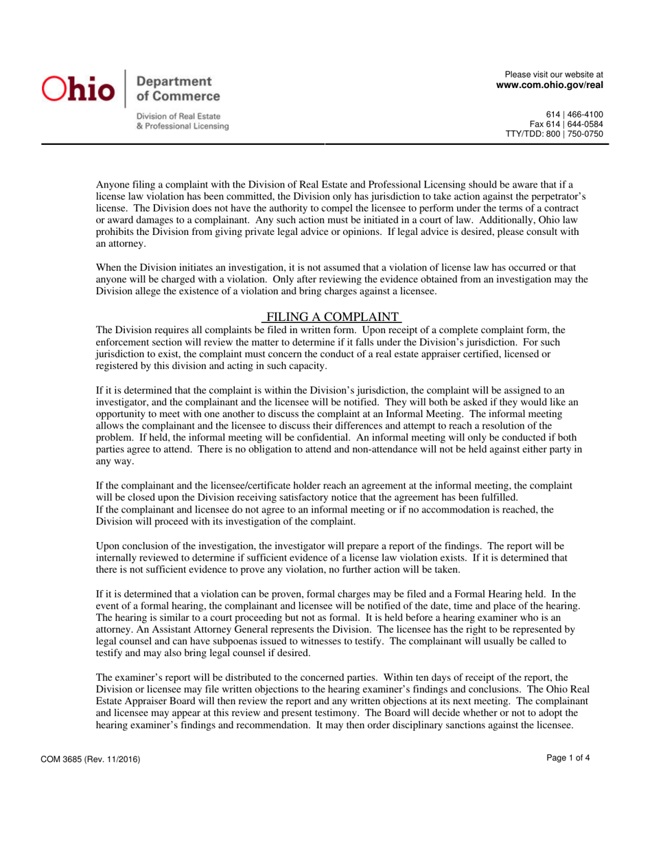 Form COM3685 - Fill Out, Sign Online and Download Fillable PDF, Ohio ...