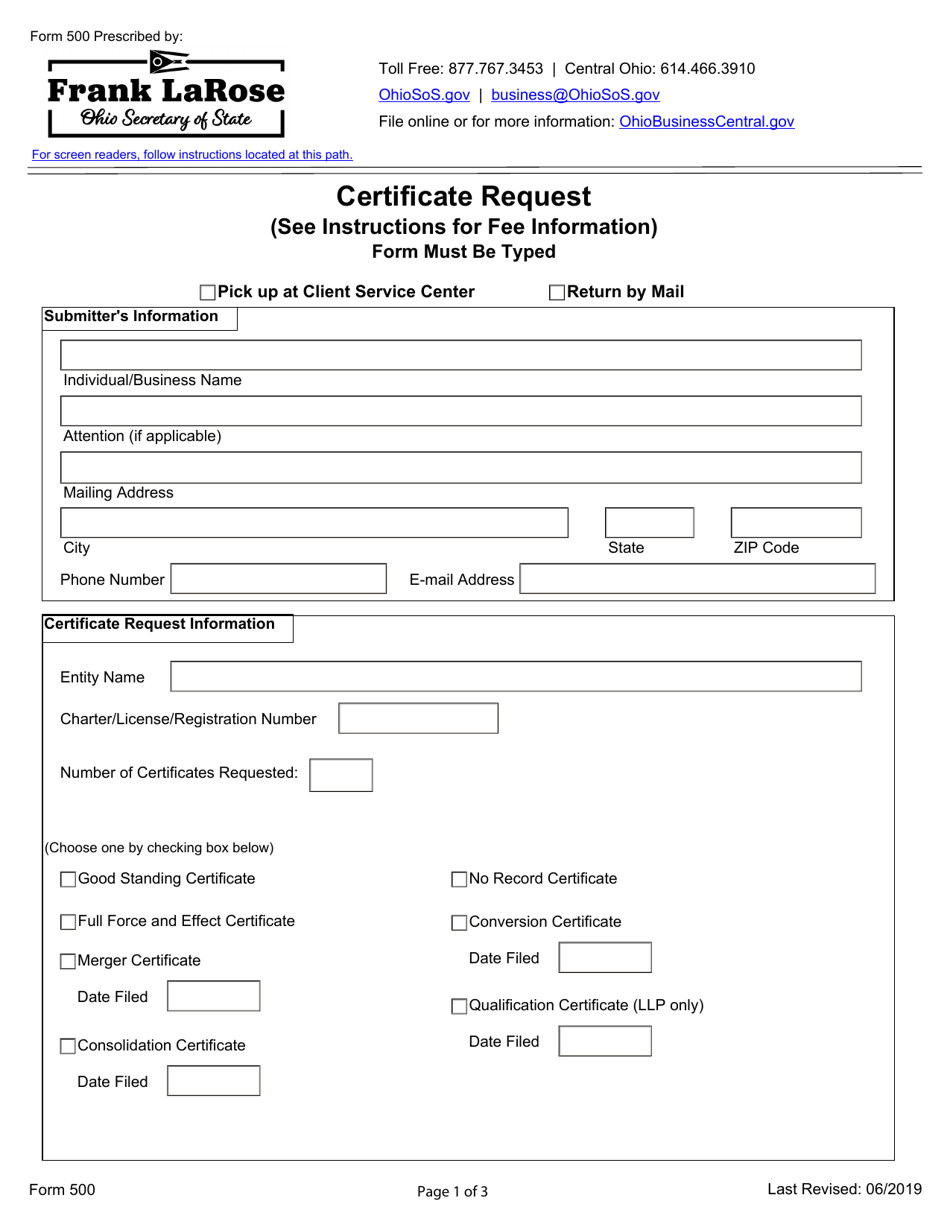 Form 500 Download Fillable PDF or Fill Online Certificate Request, Ohio ...