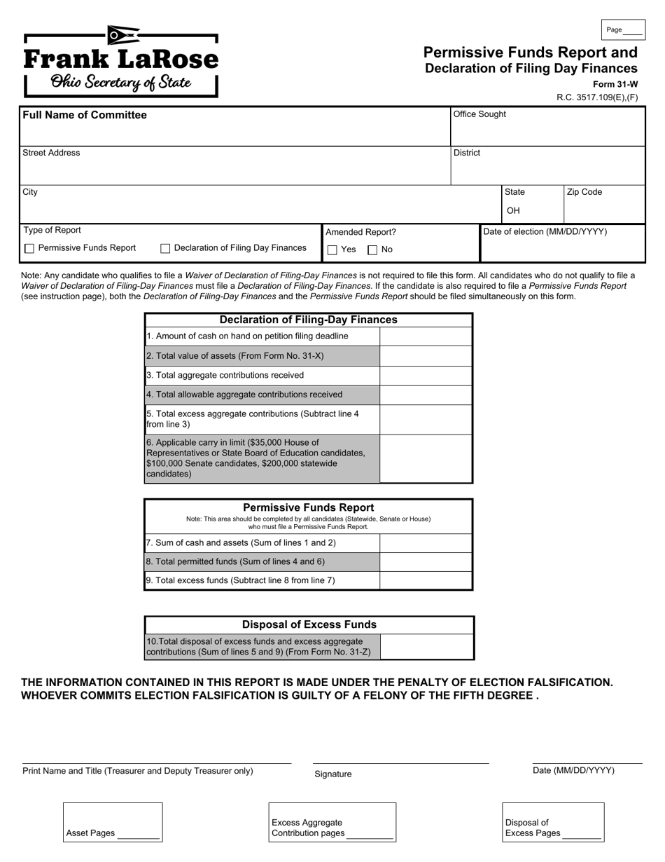 Form 31-W - Fill Out, Sign Online and Download Fillable PDF, Ohio ...