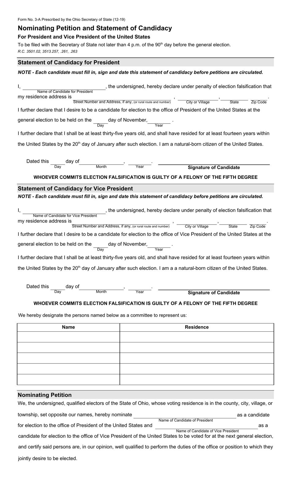 Form 3-A Download Fillable PDF or Fill Online Nominating Petition and Statement of Candidacy for ...