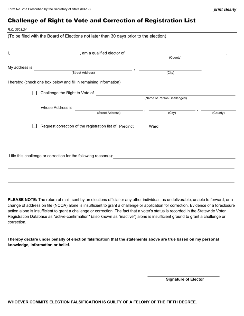 Form 257 - Fill Out, Sign Online and Download Fillable PDF, Ohio ...