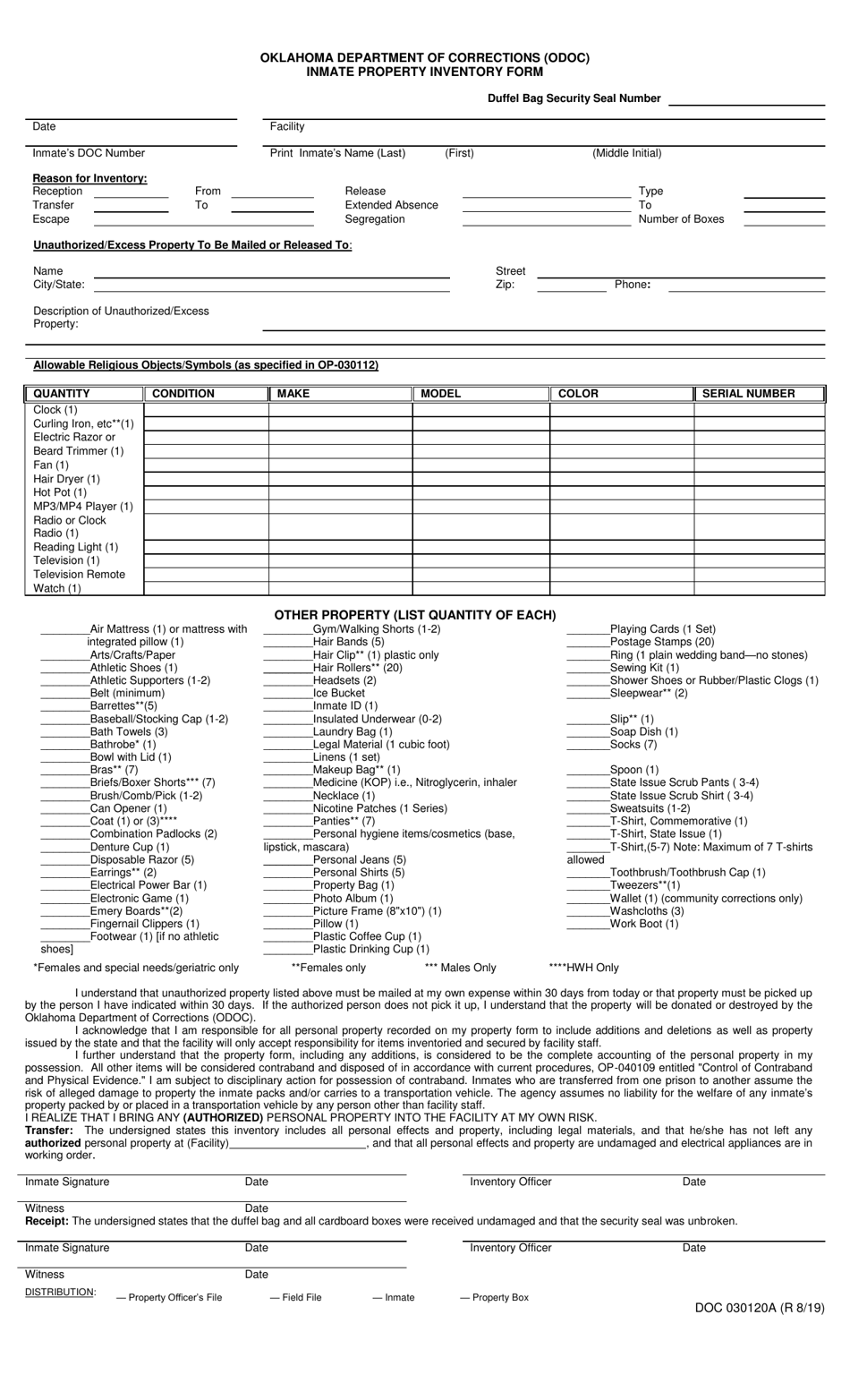 DOC Form 030120A - Fill Out, Sign Online and Download Printable PDF ...