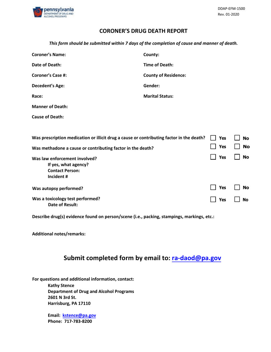 Form DDAP-EFM-1500 Download Fillable PDF or Fill Online Coroner's Drug Death Report Pennsylvania ...